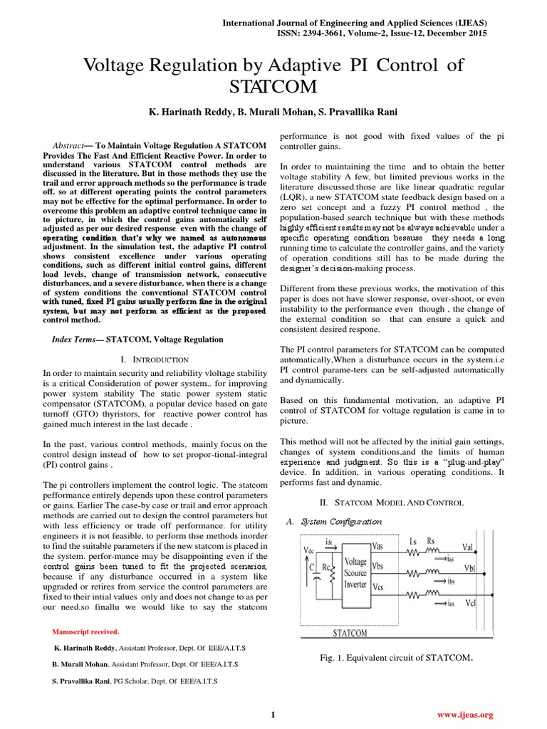 Voltage Regulation by Adaptive PI Control of Statcom: K. Harinath Reddy, B. Murali Mohan, S ...