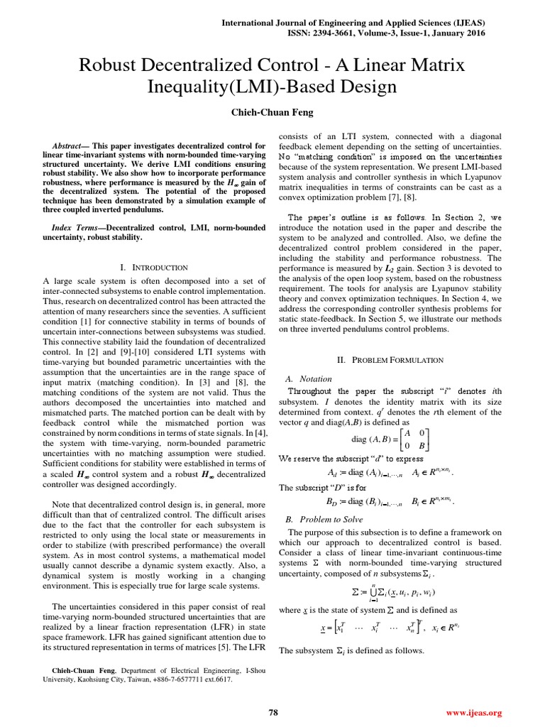 Robust Decentralized Control A Linear Matrix Inequality Lmi Based Design Download Free