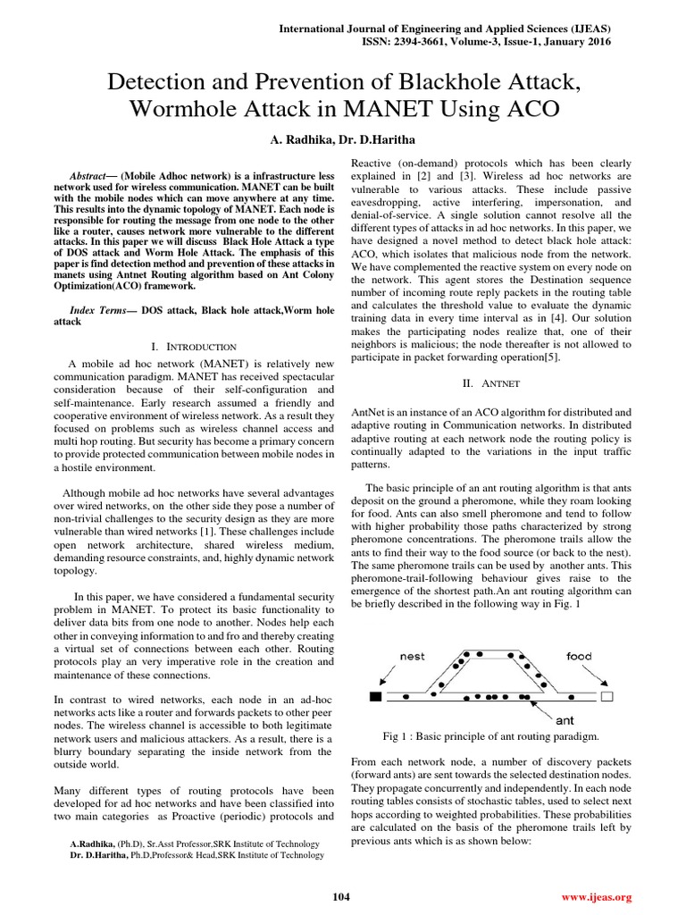 Detection and Prevention of Blackhole Attack, Wormhole Attack in MANET Using ACO | PDF | Routing ...