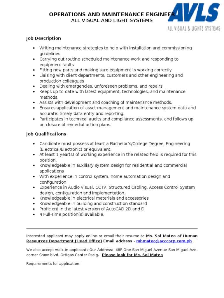 Operations and Maintenance Engineer | PDF