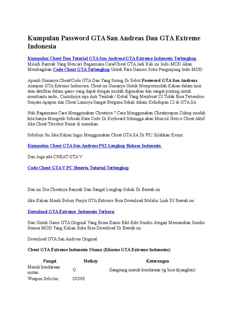 Kumpulan Password GTA San Andreas Dan GTA Extreme Indonesia | PDF