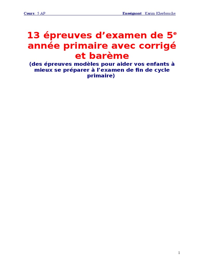 13 Épreuves D'examen de 5e Année Primaire Avec Corrigé Et Barème | PDF ...