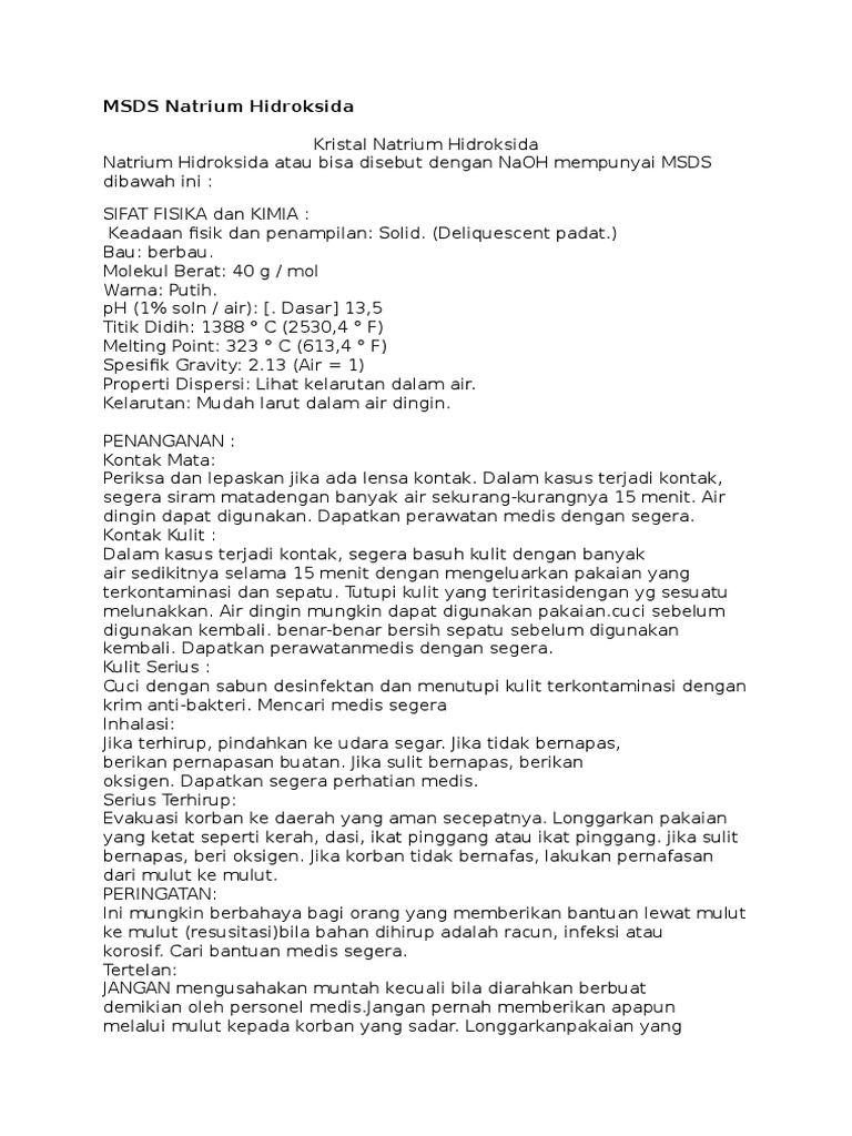 MSDS Natrium Hidroksida dan Penanganan | PDF | Memasak, Makanan, & Anggur