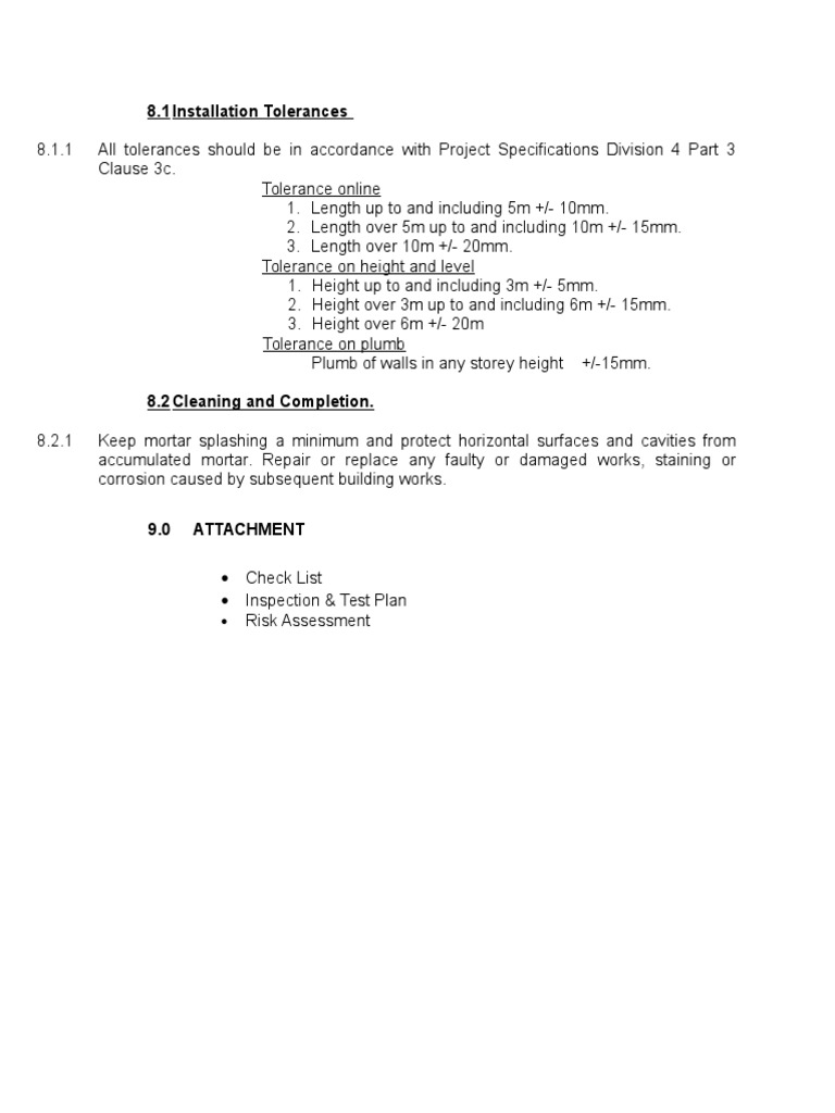 Installation Tolerances for Project Specifications Division 4 Part 3 ...