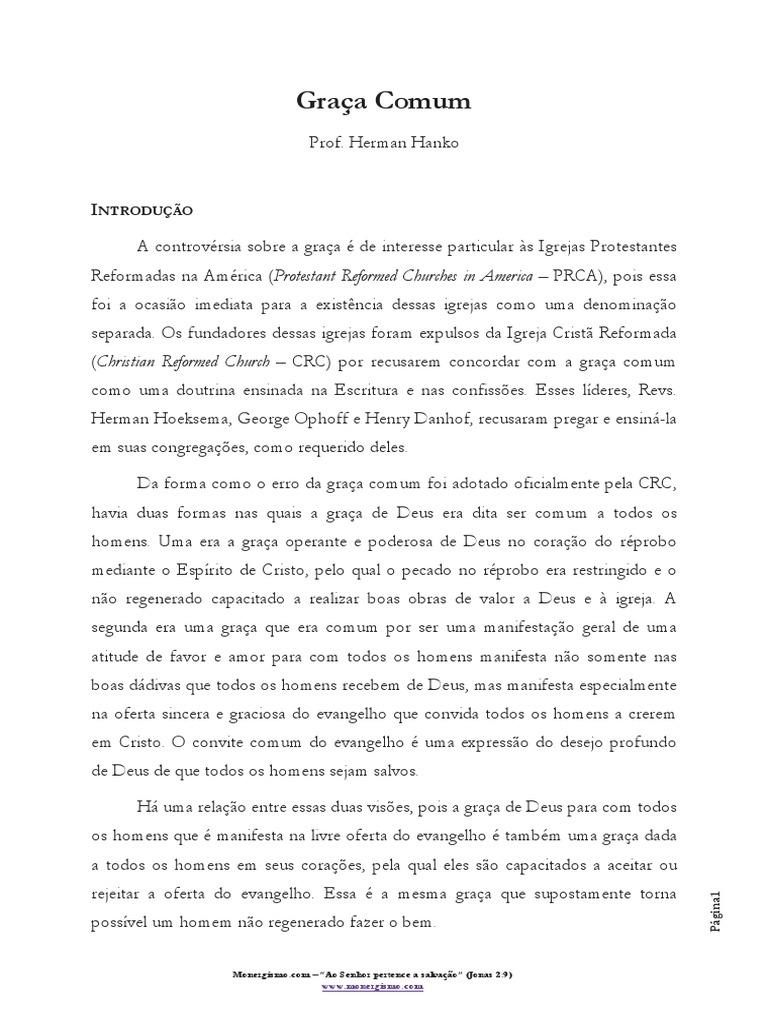 Graça Comum - Herman Hanko PDF | PDF | Calvinismo | Arminianismo