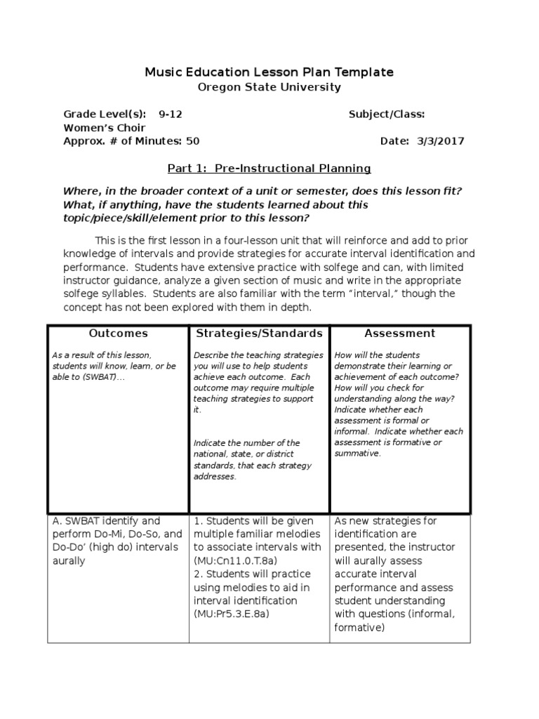 Music Education Lesson Plan Template: Oregon State University | PDF ...