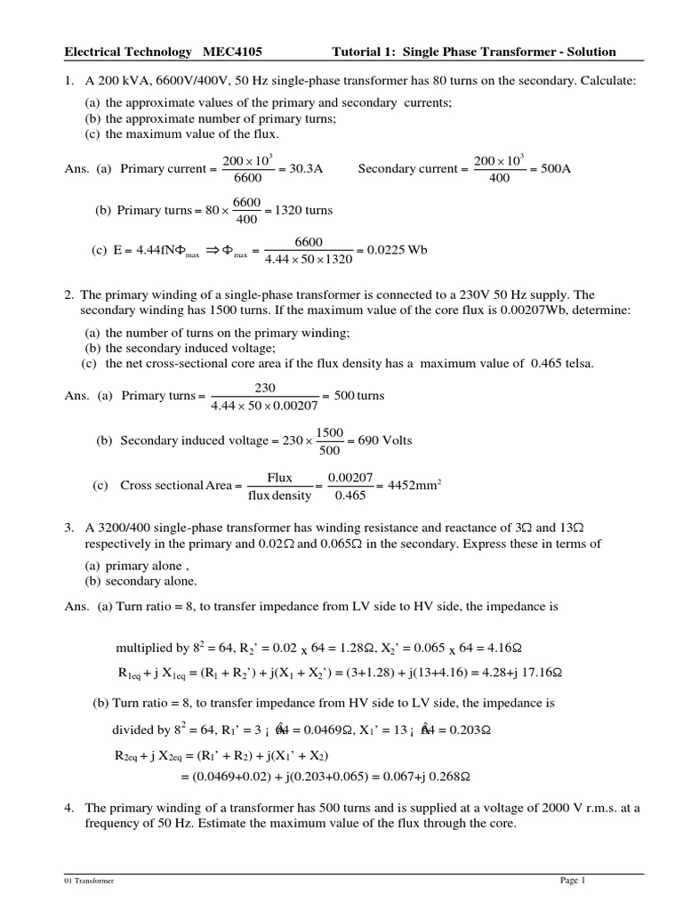 Single Phase Transformer Calculations | PDF | Transformer | Electrical ...
