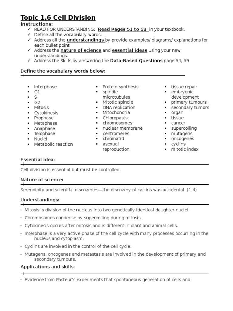 Topic 1.6 Cell Division: Instructions | PDF | Mitosis | Molecular Biology