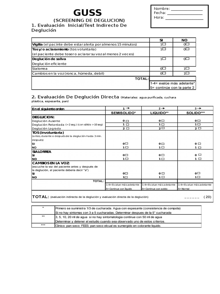 Evaluacion Deglucion Adultos GUSS | PDF