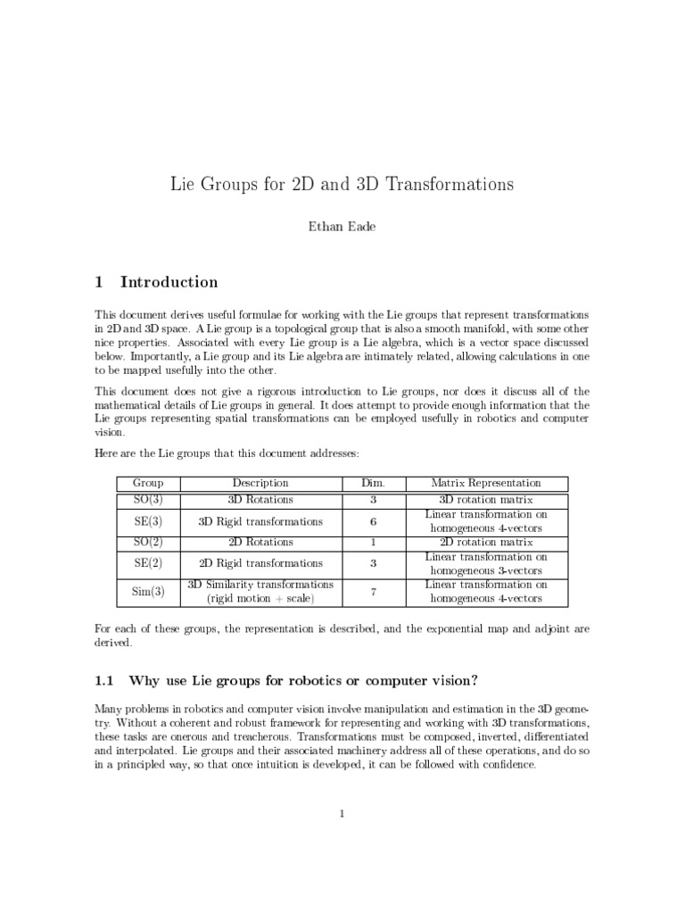 Lie Groups For 2D and 3D Transformations: Ethan Eade | PDF | Lie Groups | Matrix (Mathematics)