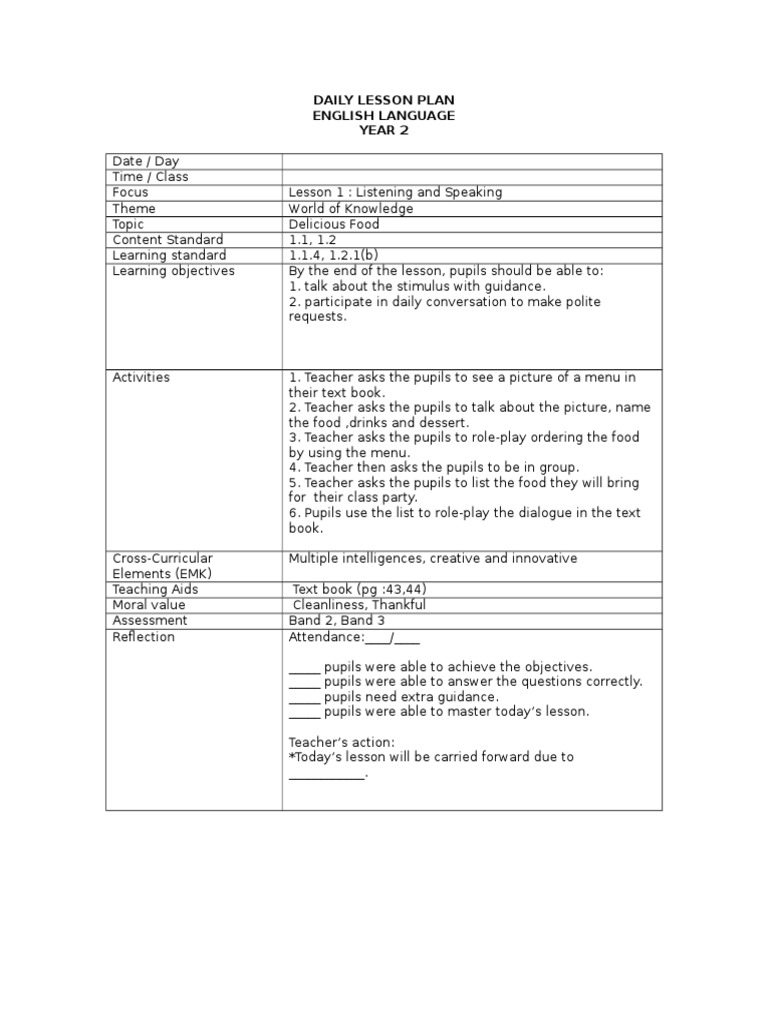 Daily Lesson Plan English Language Year 2 | PDF | Lesson Plan | Question