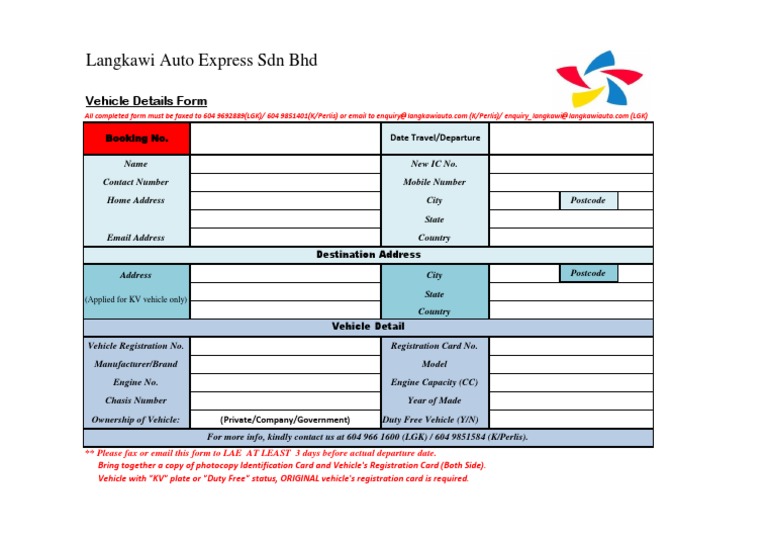 Langkawi Auto Express SDN BHD: Vehicle Details Form | PDF