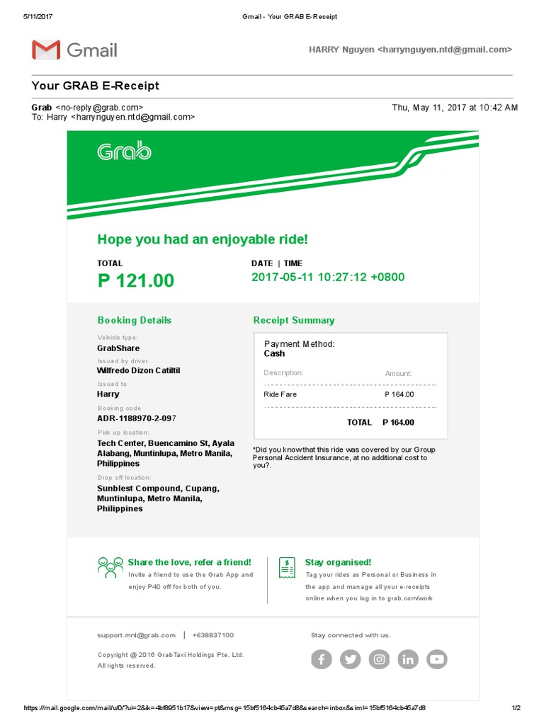 Gmail - Your GRAB E-Receipt | PDF | Service Industries | Business