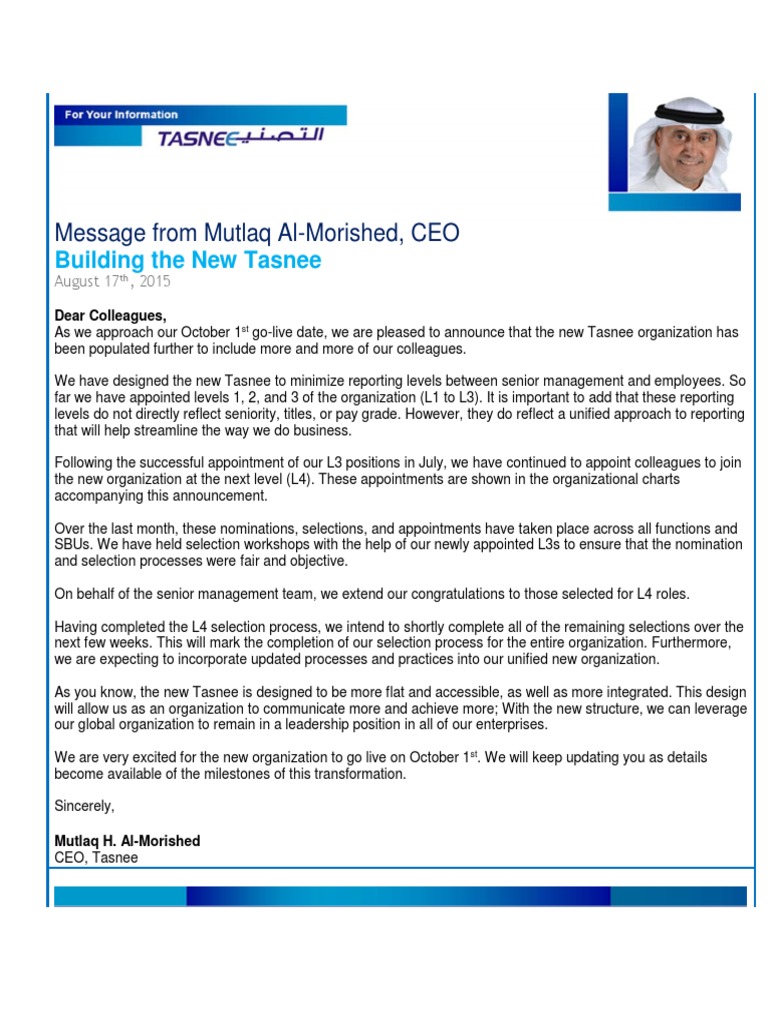 Message From Mutlaq Al-Morished, CEO: Building The New Tasnee | PDF ...