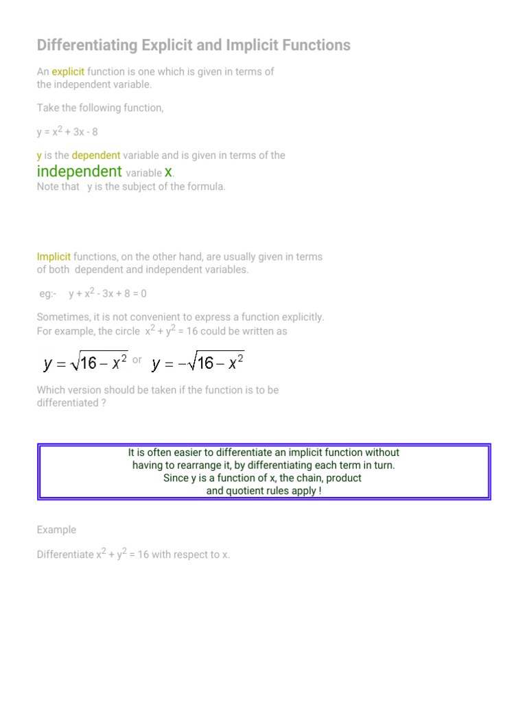 Explicit and Implicit Functions | PDF
