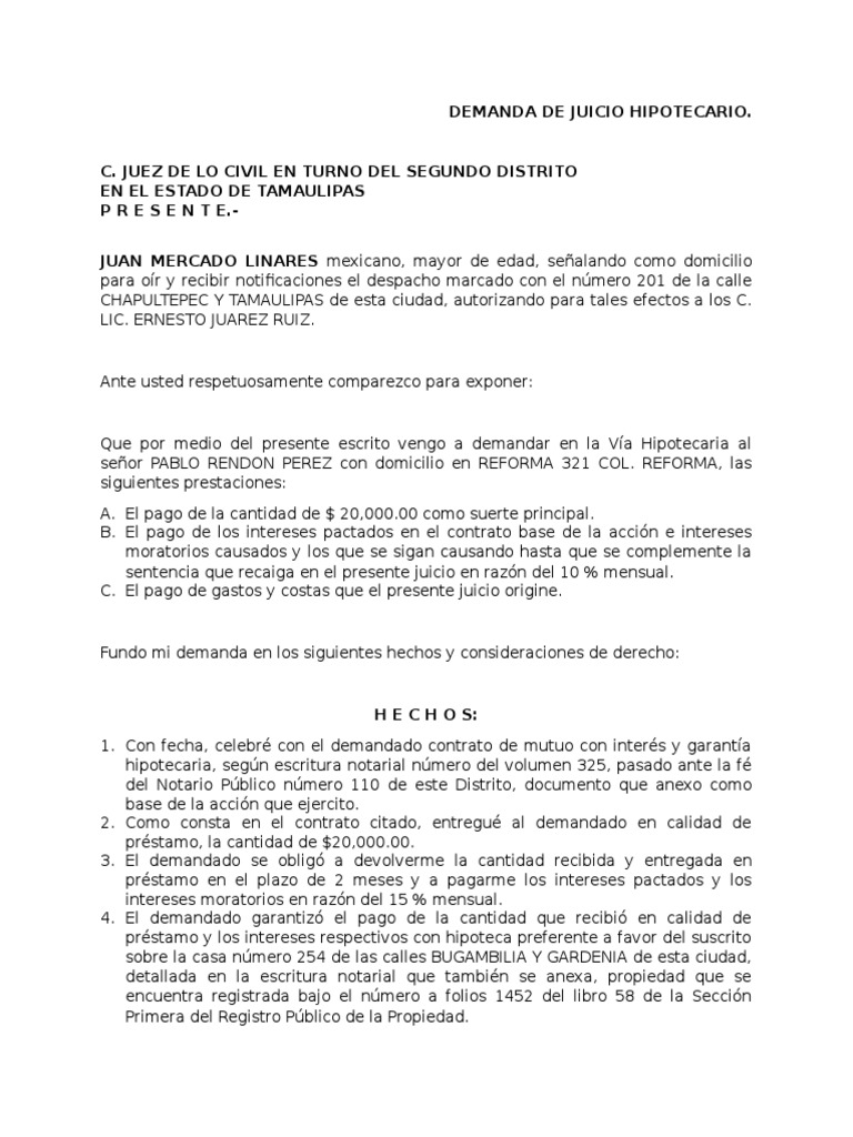 Escrito de Demanda de Juicio Hipotecario | PDF | Demanda judicial | Pagos