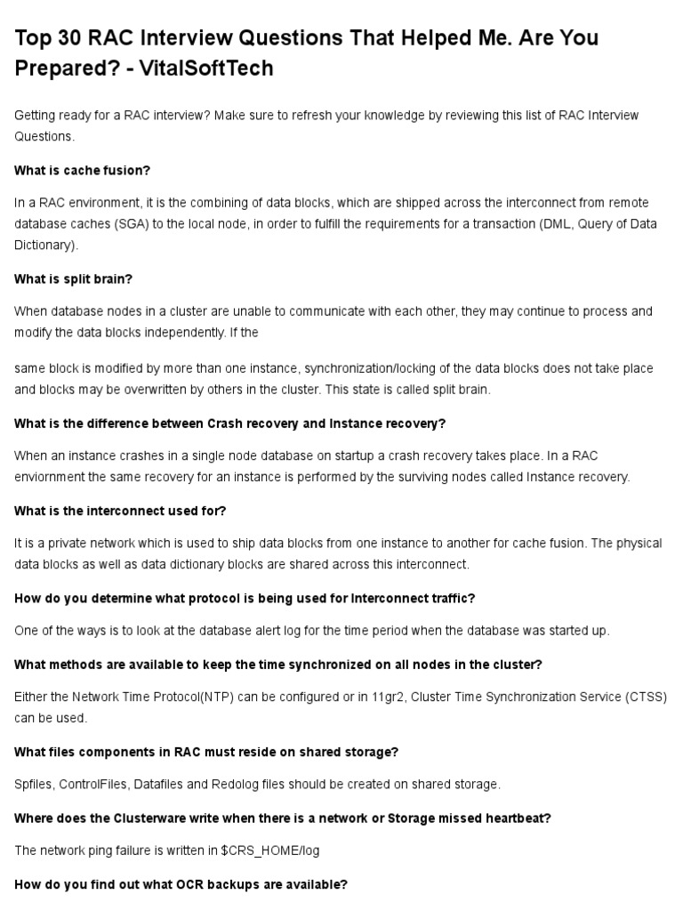 Top 30 RAC Interview Questions | PDF | Oracle Database | Computer Cluster