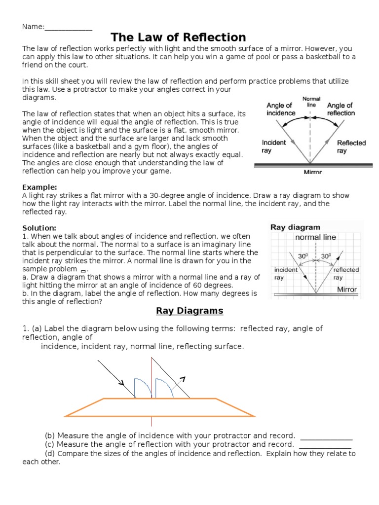 Law of Reflection Assignment | Download Free PDF | Reflection (Physics) | Mirror