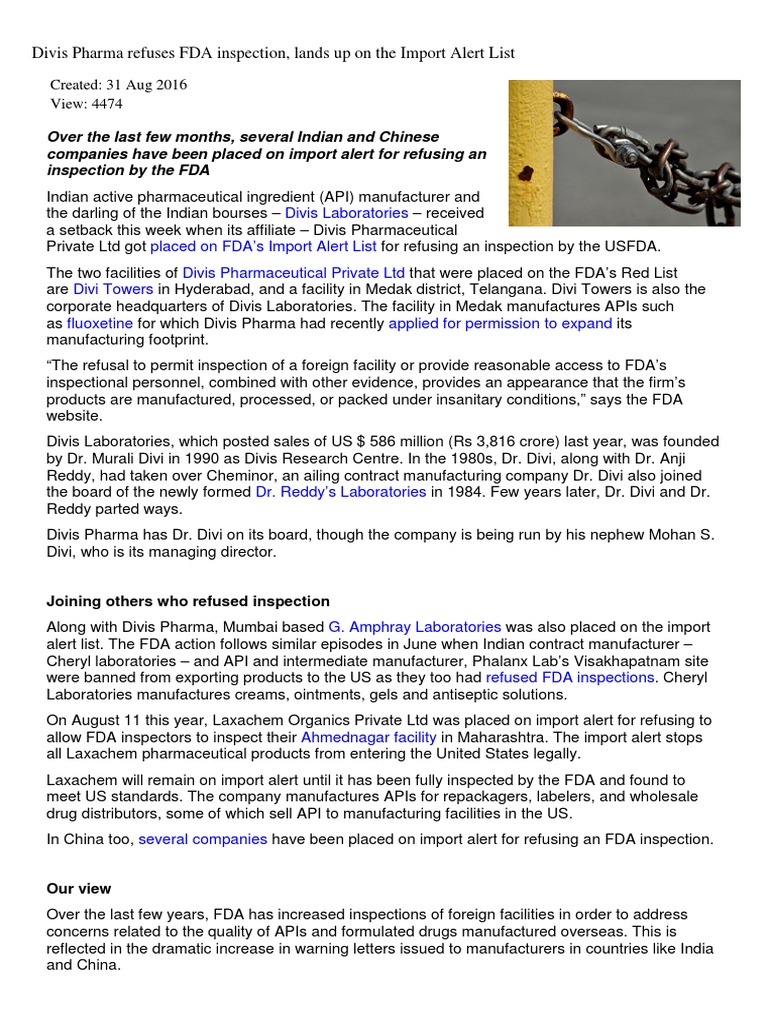 Divis Pharma Faces FDA Import Alert | PDF | Food And Drug ...