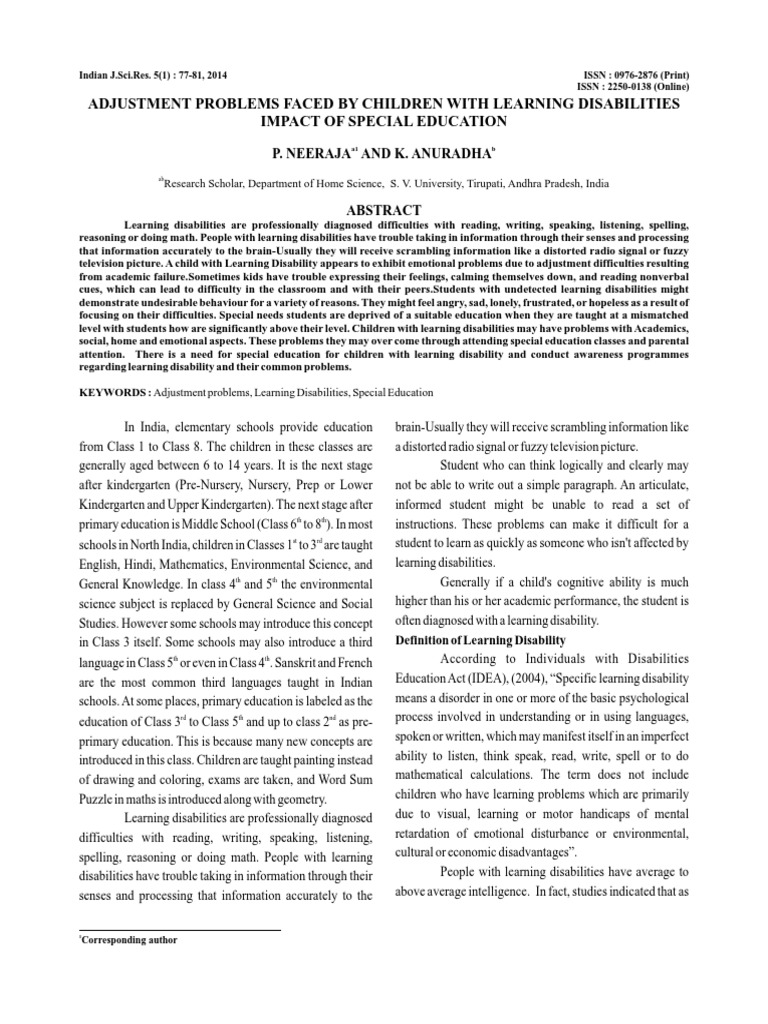 Adjustment Problems Faced by Children With Learning Disabilities | PDF ...