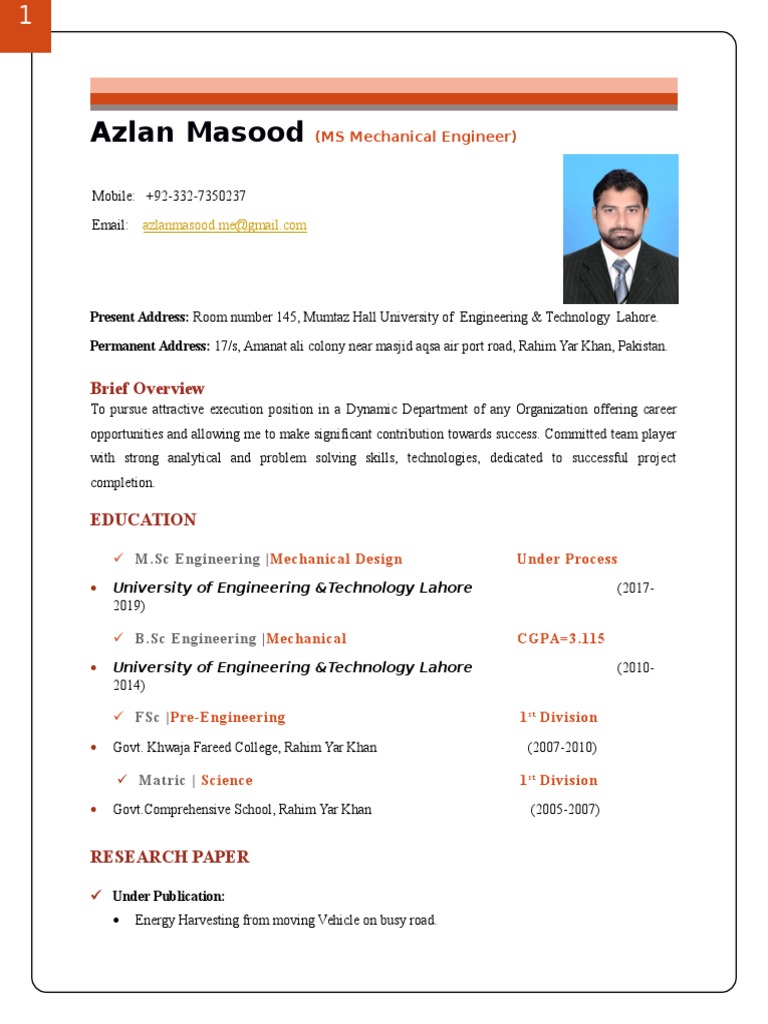 Azlan Masood CV | PDF | Mechanical Engineering | Pakistan