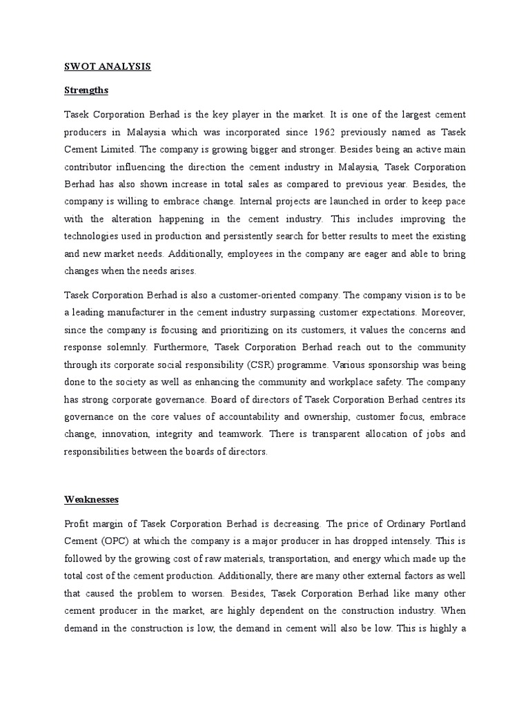 Swot Analysis Tasek Corp | PDF | Corporate Governance | Venture Capital