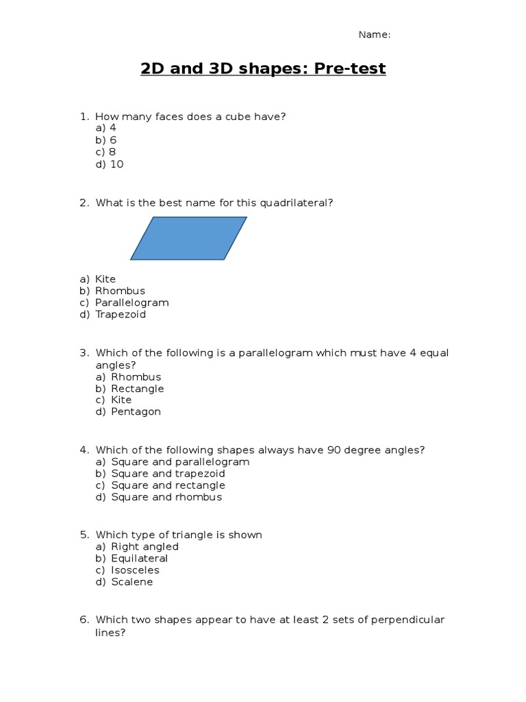 2d and 3d Shapes - Pretest