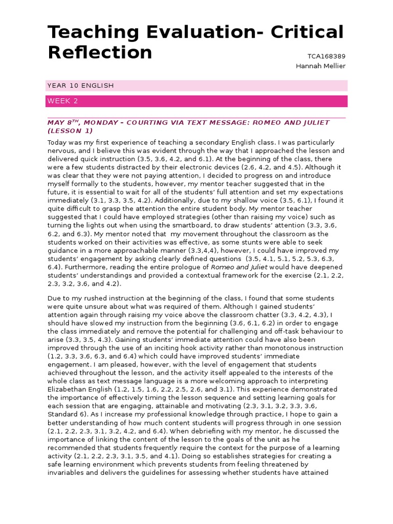 teaching reflection year 10 english | Educational Assessment | Teachers