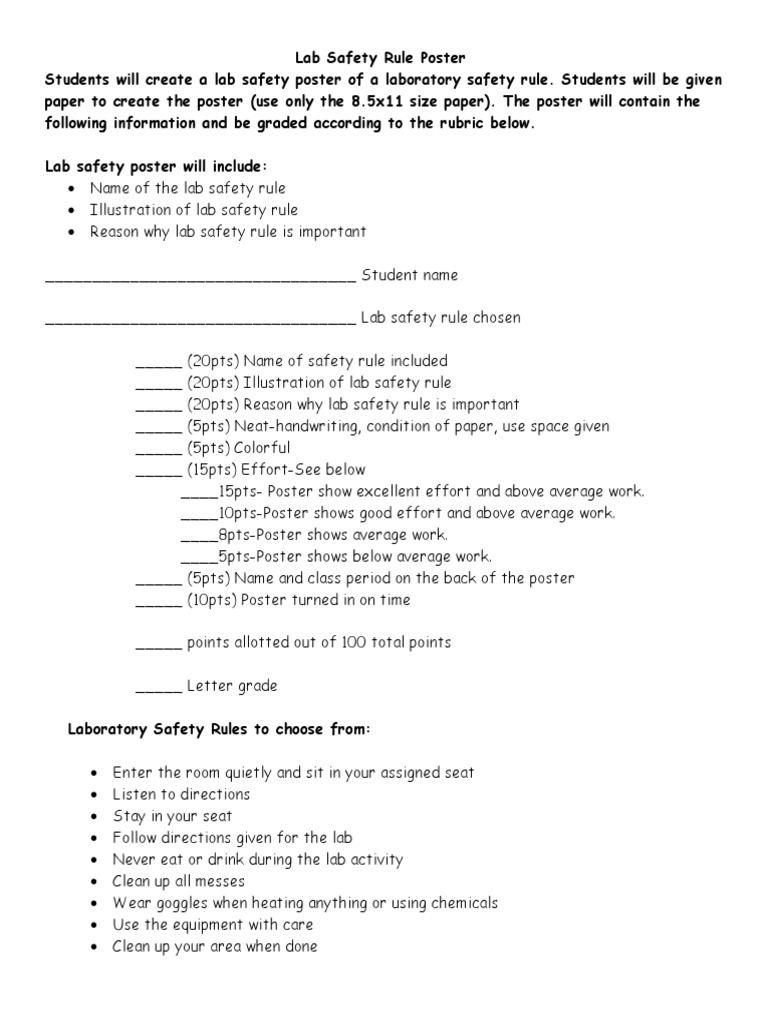 Lab Safety Rule Poster Rubric | PDF