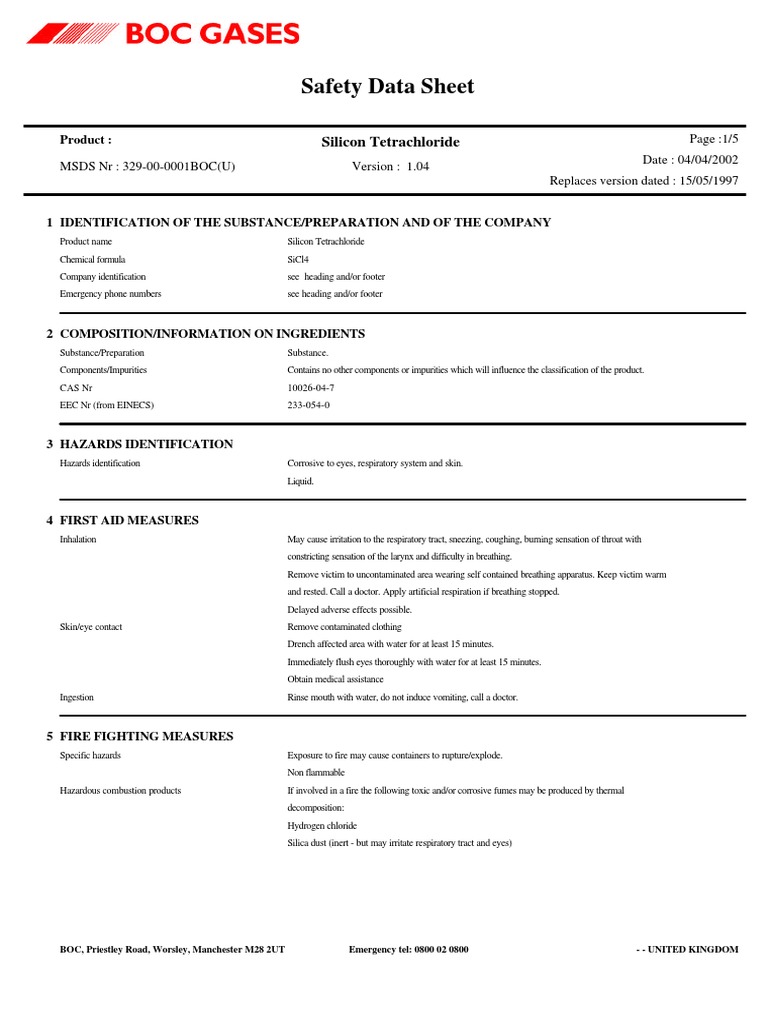 Safety Data Sheet for Silicon Tetrachloride: Hazards and Protective ...