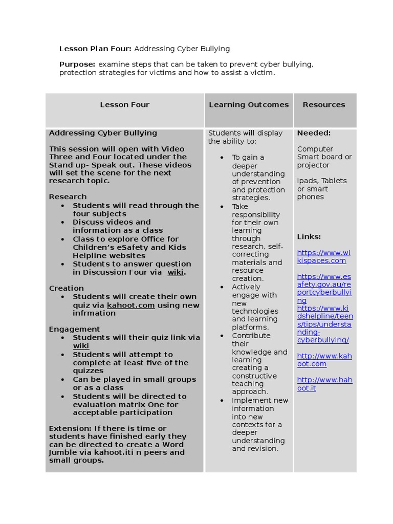 Lesson Plan Four | Download Free PDF | Cyberbullying | Lesson Plan