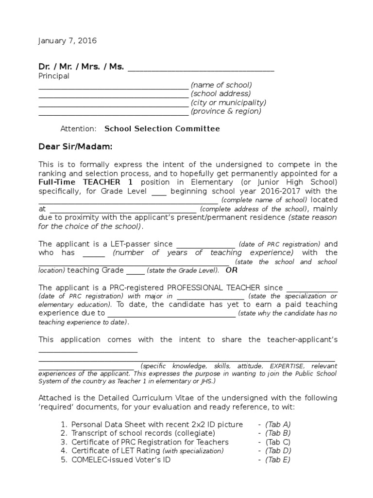 SAMPLE LETTER OF APPLICATION Teacher 1 in Elem JHS | PDF | Teachers ...