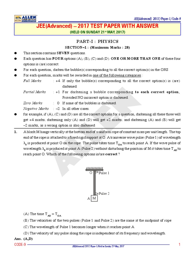 Physics Paper With Answer Paper I Code 9 | PDF | Wavelength | Electron