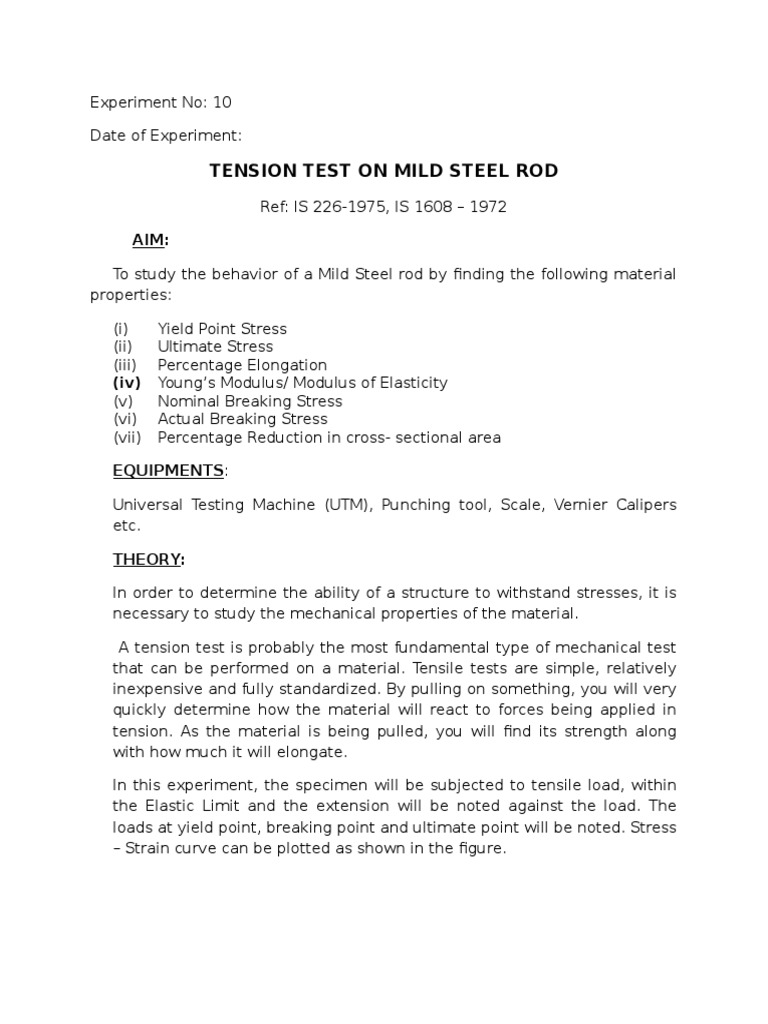 Tension Test Results for Mild Steel Rod | PDF | Ultimate Tensile ...