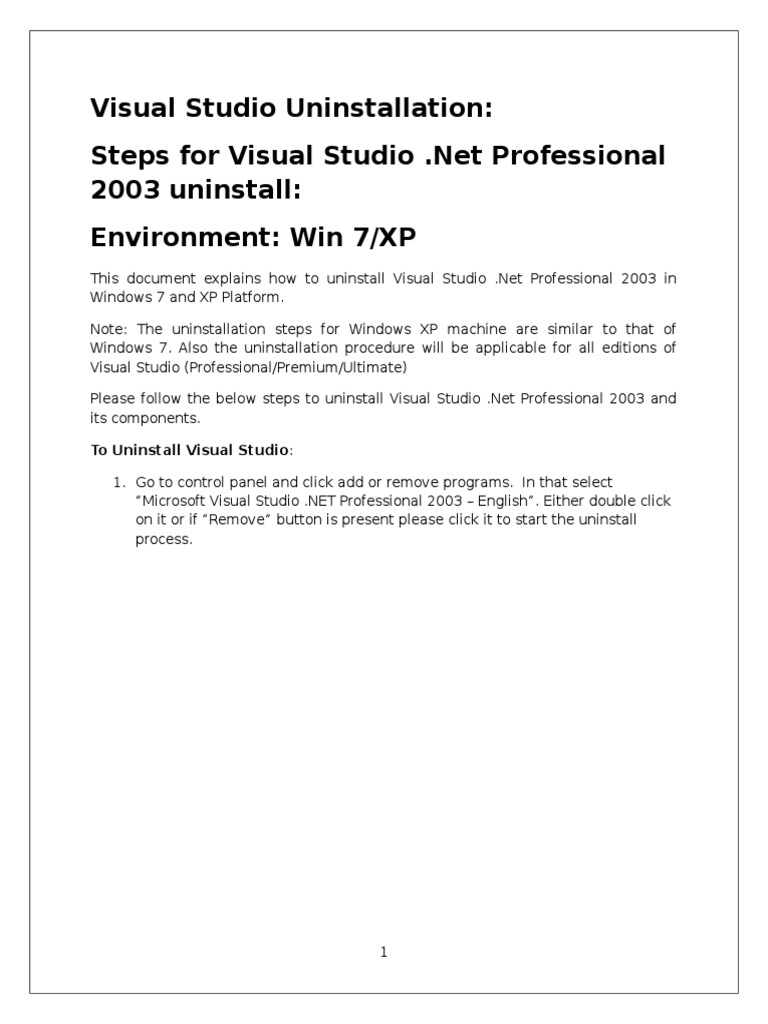 Visual Studio 2003 Uninstall Steps | PDF | Microsoft Visual Studio ...