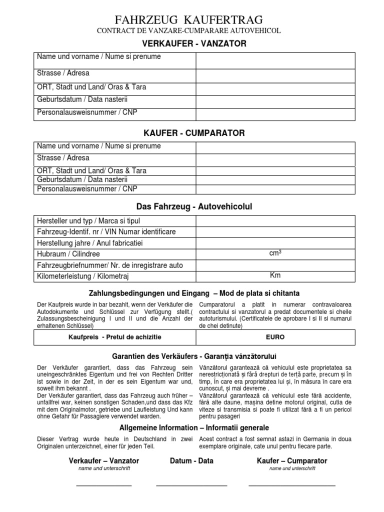 Contract Vanzare Cumparare Auto din Germania Bilingv