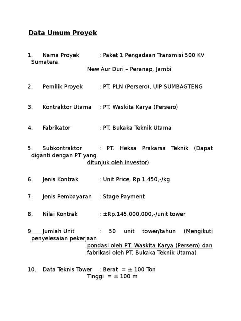 Penawaran Kerjasama Proyek Sutet (Data Umum Dan Teknis)