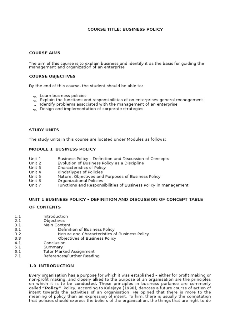 Business Policy Notes | PDF | Strategic Management | Cooperative