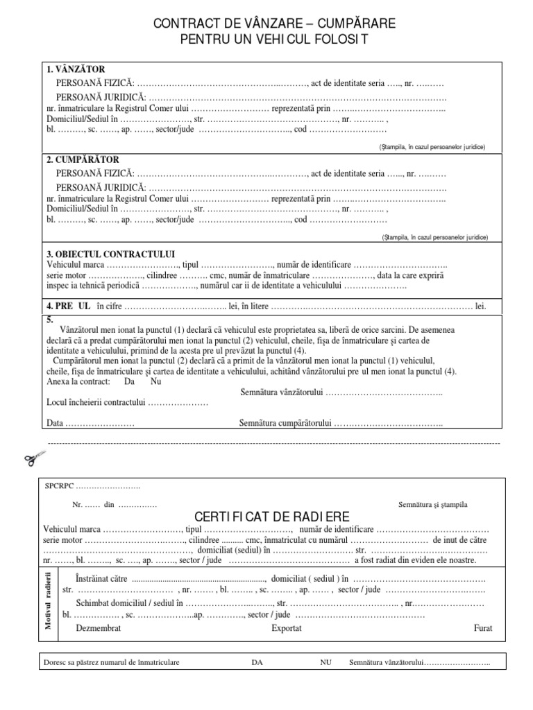 Contract Vanzare Cumparare Auto Second Hand Utilizat | PDF