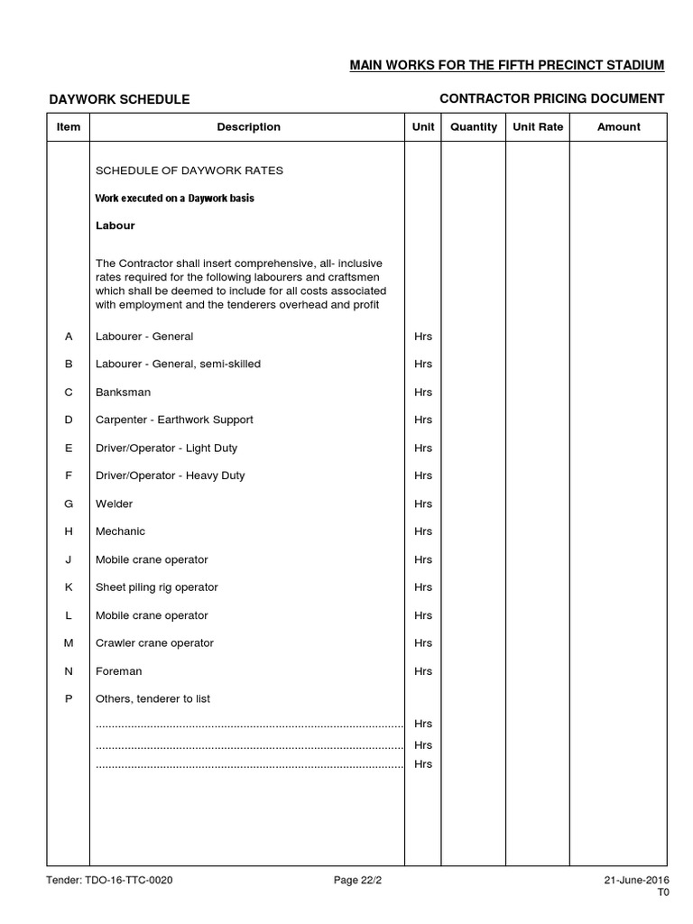 Dayworks Schedule | Construction Equipment | Crane (Machine)