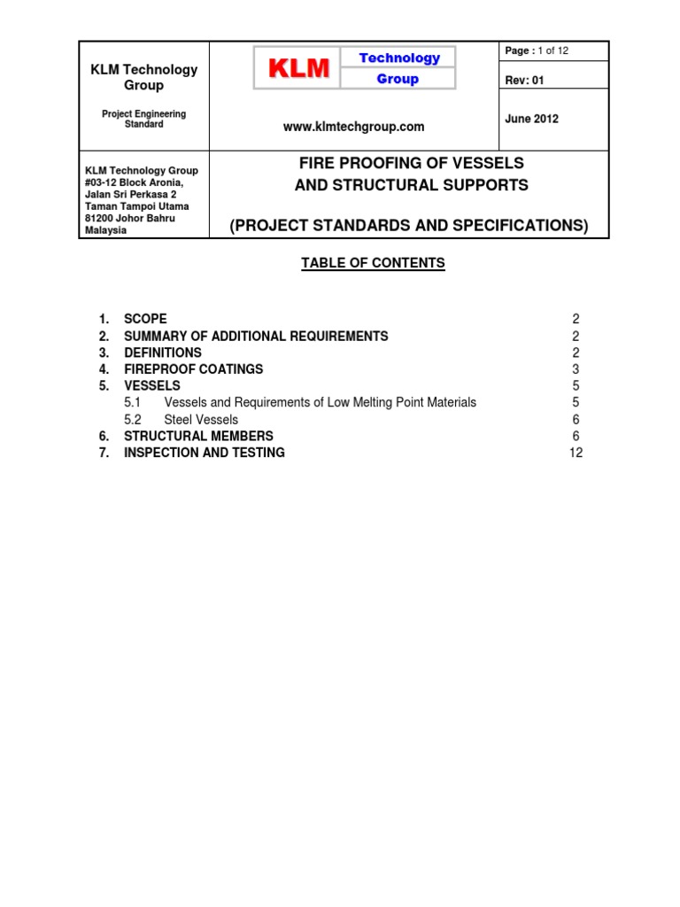 PROJECT STANDARD and SPECIFICATIONS Fire Proofing Vessels and Supports ...