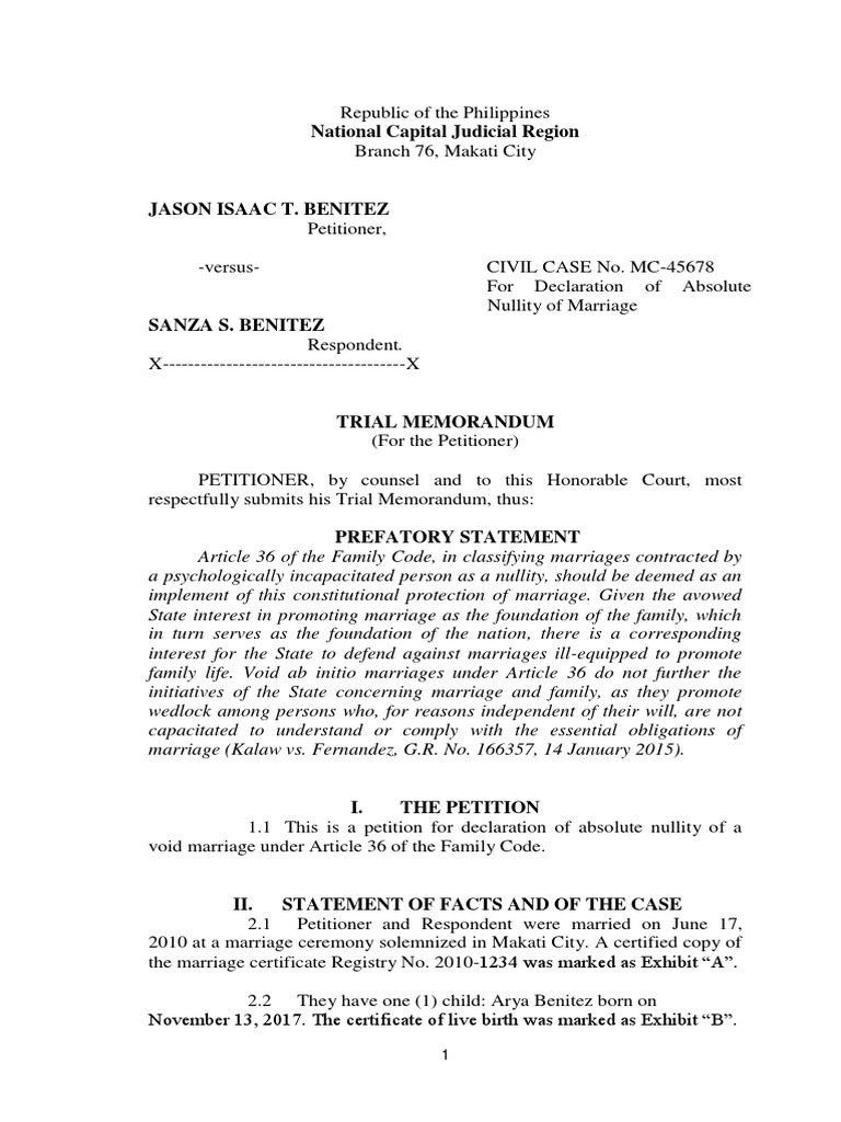 Trial Memorandum of The Petitioner | PDF | Borderline Personality Disorder | Personality Disorder