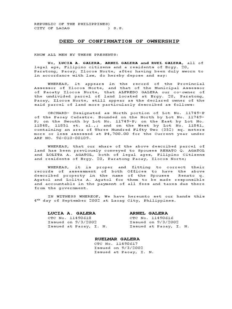 Deed of Confirmation of Ownership: Lucia A. Galera Arnel Galera | PDF ...