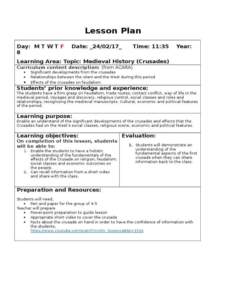 Year 8 Crusades | PDF | Lesson Plan | Cognition