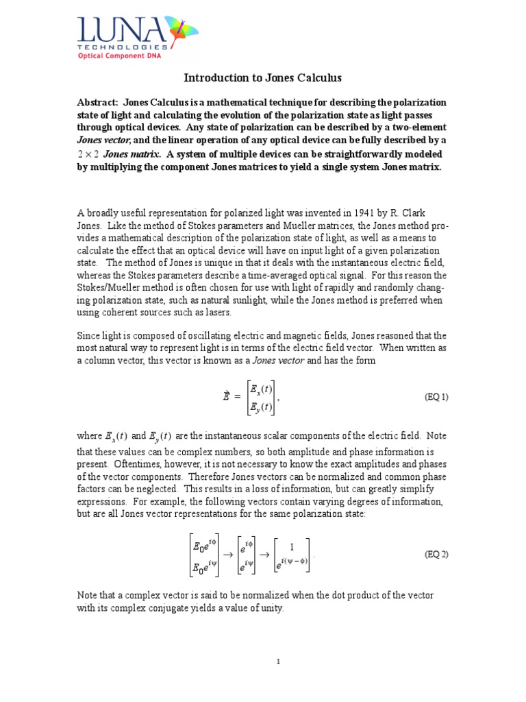 Introduction To Jones Calculus | PDF | Polarization (Waves) | Matrix (Mathematics)