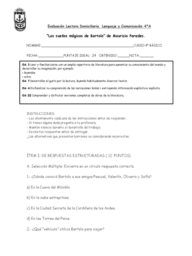 Evaluando la comprensión lectora de "Los sueños mágicos de Bartolo ...