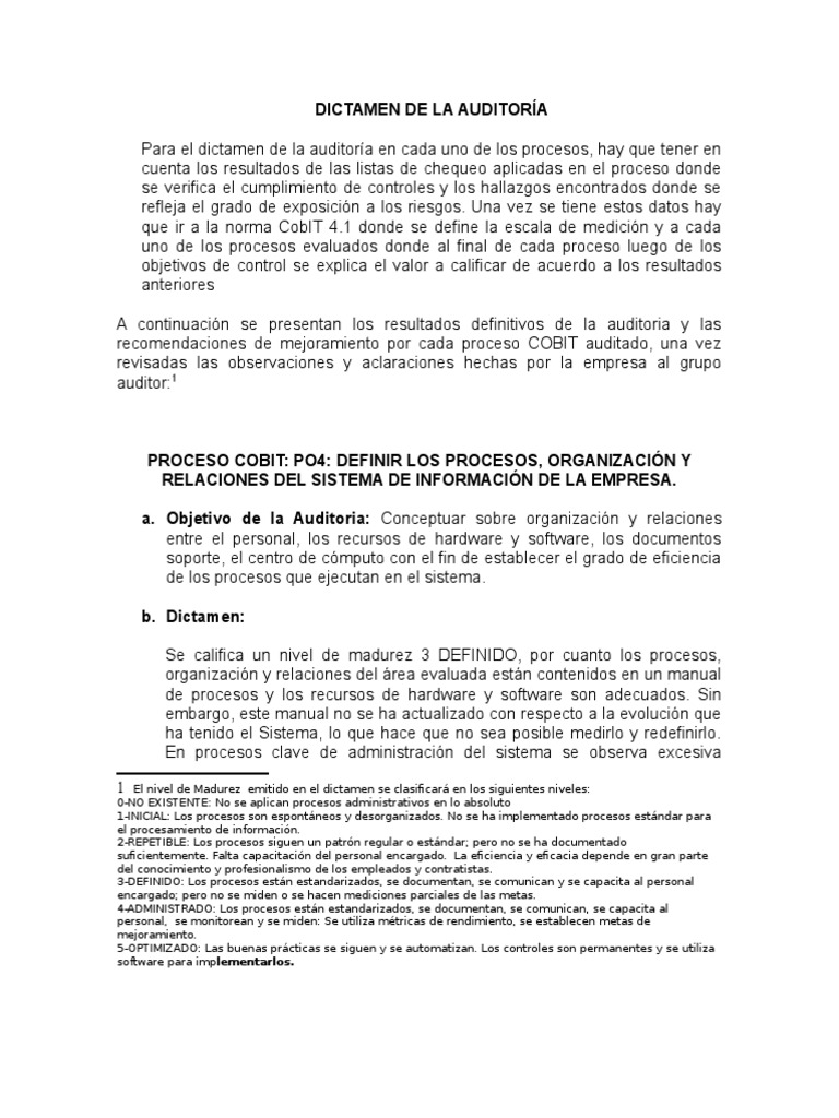 Dictamen De Auditoría Cobit Resultados Y Recomendaciones Pdf
