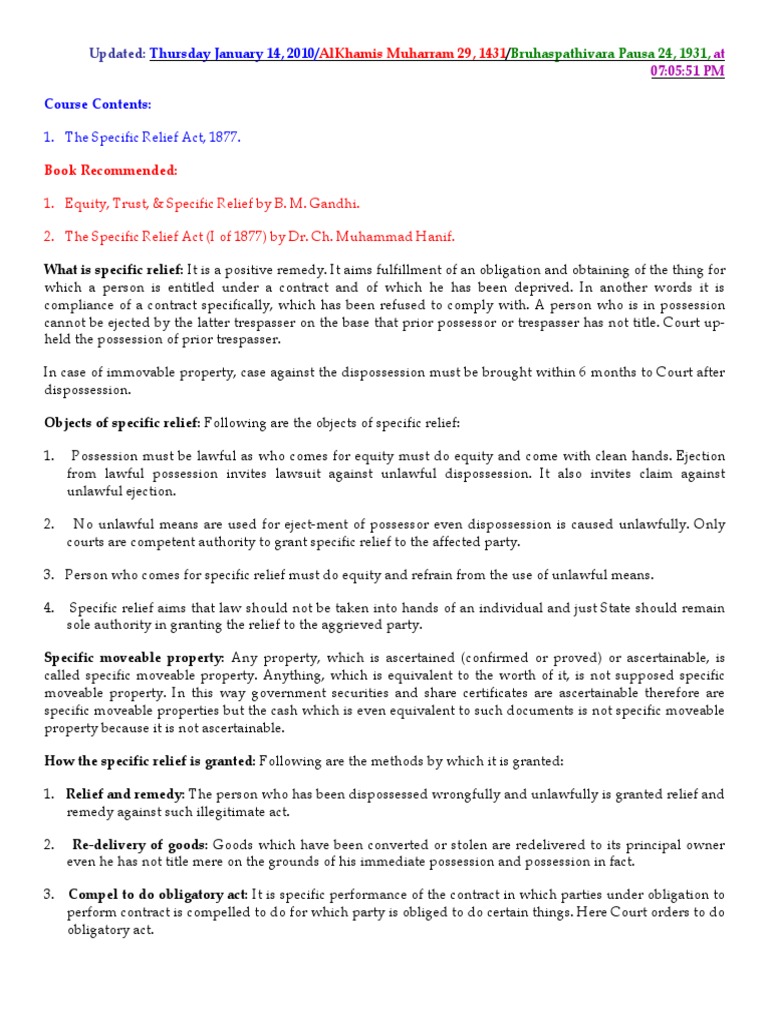 Overview of the Specific Relief Act 1877 | PDF | Injunction | Equity (Law)