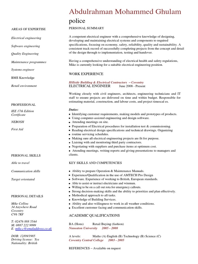CV Template | PDF | Engineering | Specification (Technical Standard)