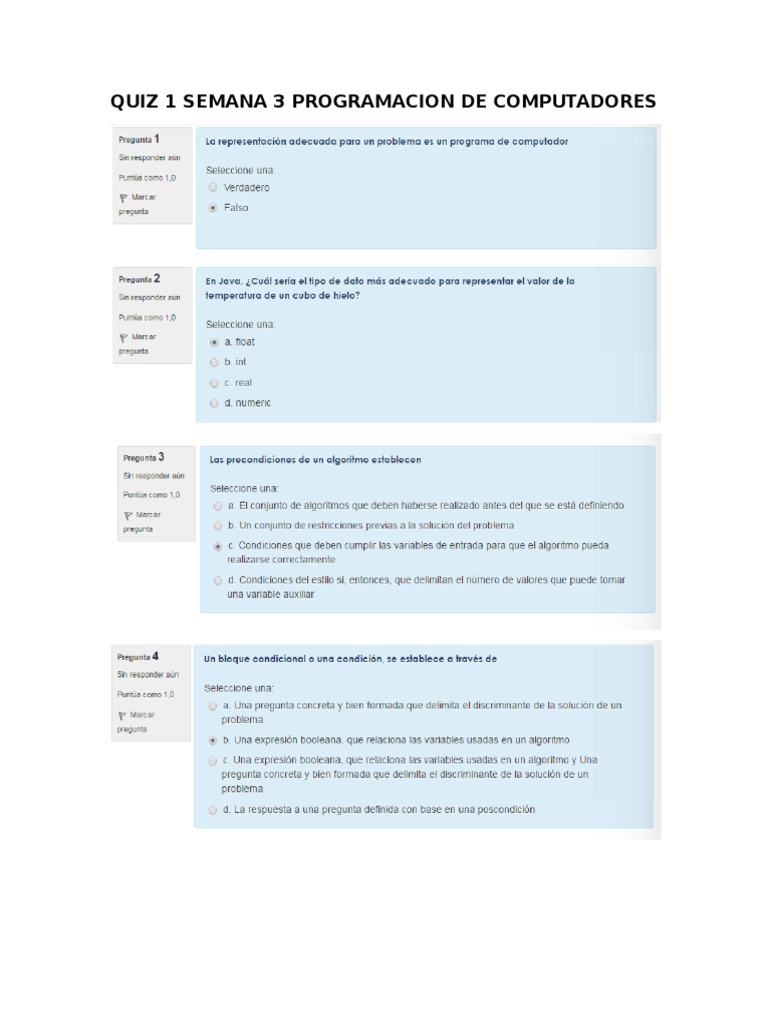 Quiz 1 Semana 3 Programacion de Computadores | PDF